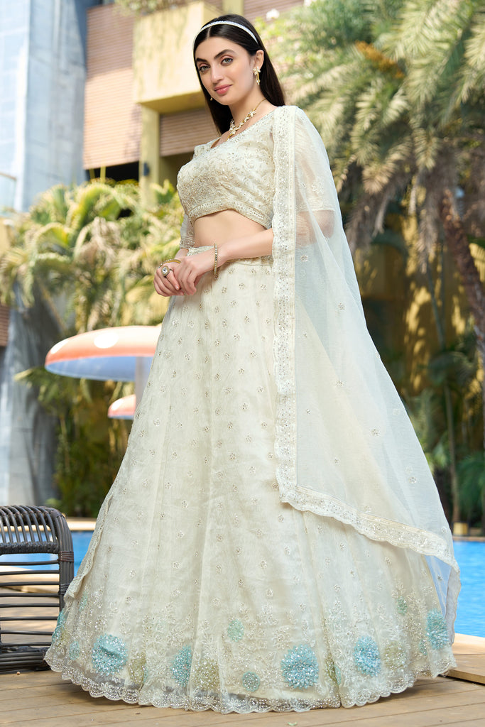 Buy White Thread Embroidery Organza Bridesmaid Lehenga Choli From DLC ...