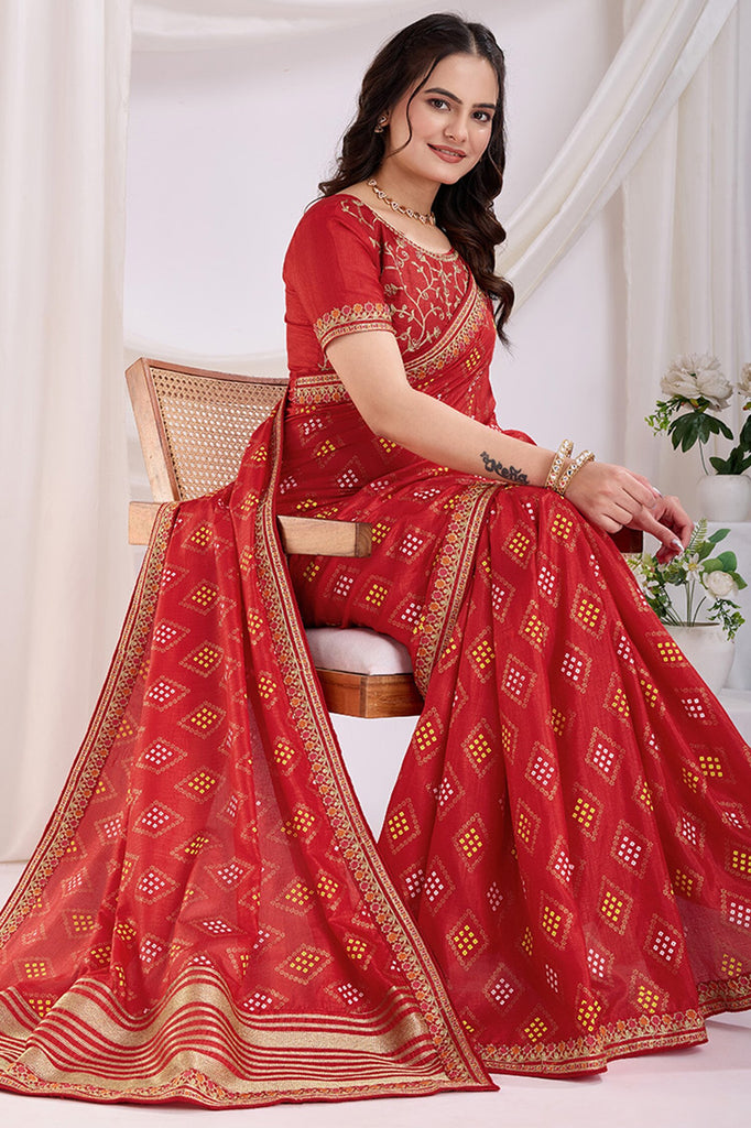 Buy Red Bandhani Printed Silk Saree From Designer Lehenga Choli
