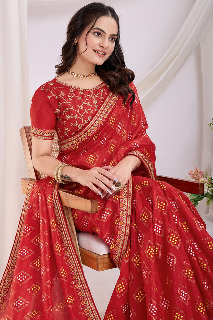 Buy Red Bandhani Printed Silk Saree From Designer Lehenga Choli