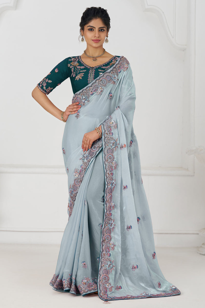 Buy Grey Sequins Work Silk Wedding Wear Saree With Blouse From DLC ...
