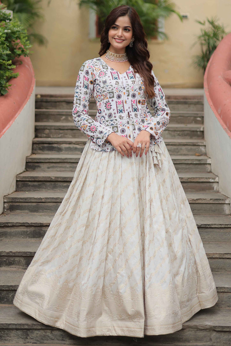 Buy Off-White Jacquard Event Wear Lehenga With Long Top From DLC ...