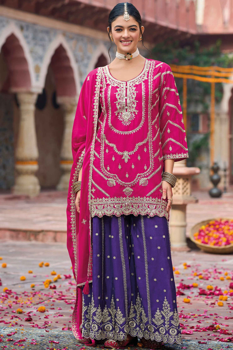 Buy Pink Embroidered Chinon Palazzo Suit From Designer Lehenga Choli