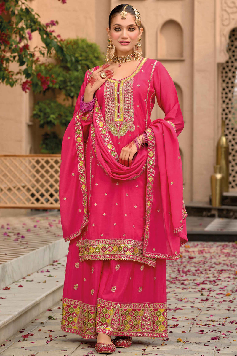 Buy Pink Embroidered Chinon Palazzo Suit From Designer Lehenga Choli