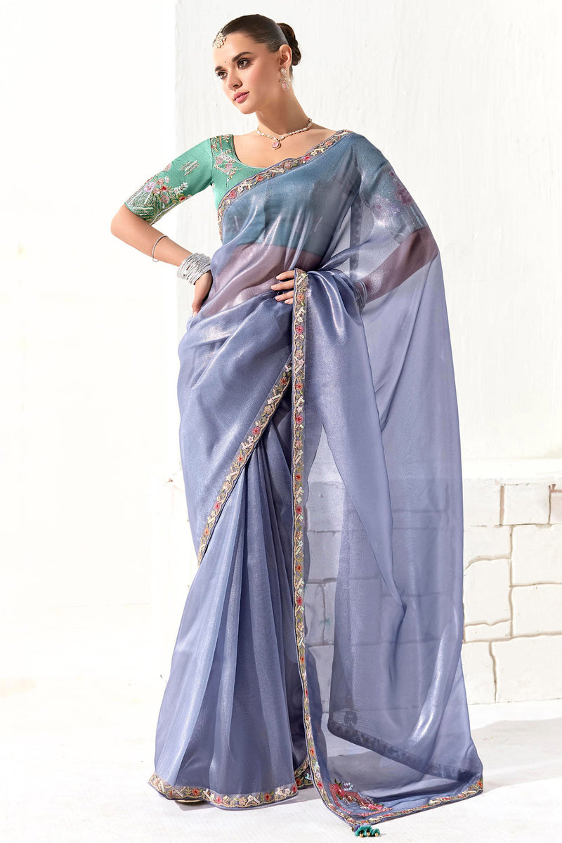 Buy Dusty Blue Border Work Tissue Silk Reception Wear Saree From DLC ...