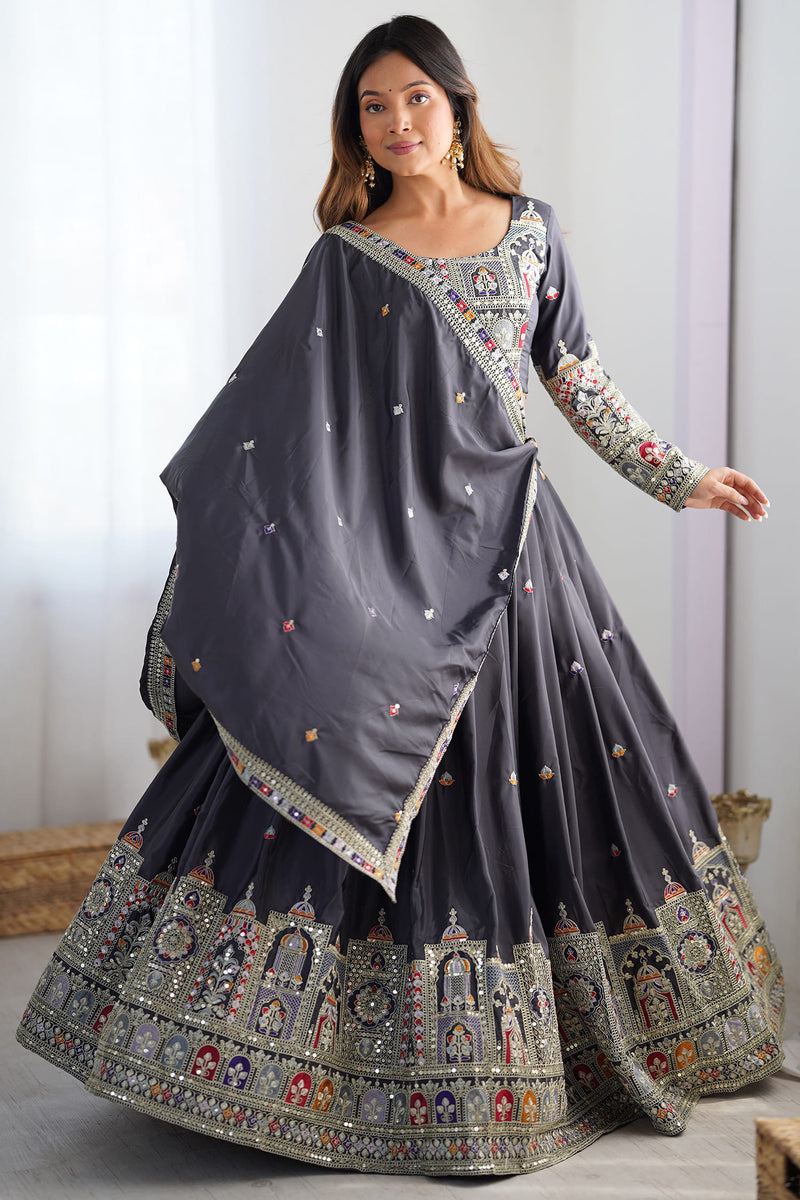 Buy Grey Thread Embroidered Silk Lehenga Choli With Dupatta From DLC ...