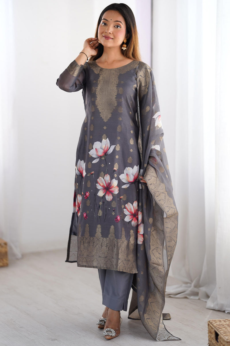 Buy Grey Floral Print Silk Traditional Pant Suit With Dupatta From DLC ...