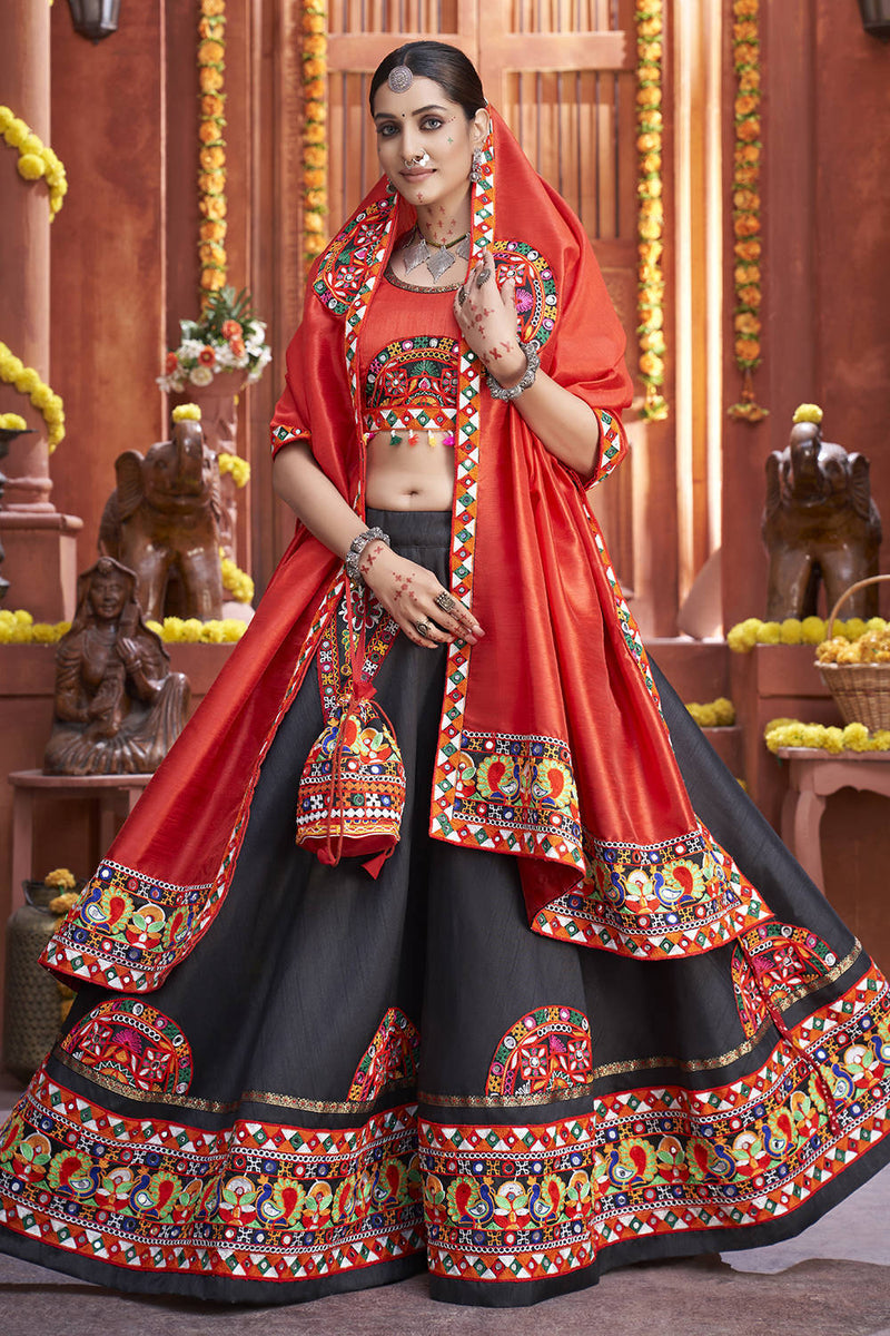 Buy Black Gamthi Work Art Silk Navratri Lehenga Choli With Dupatta from ...